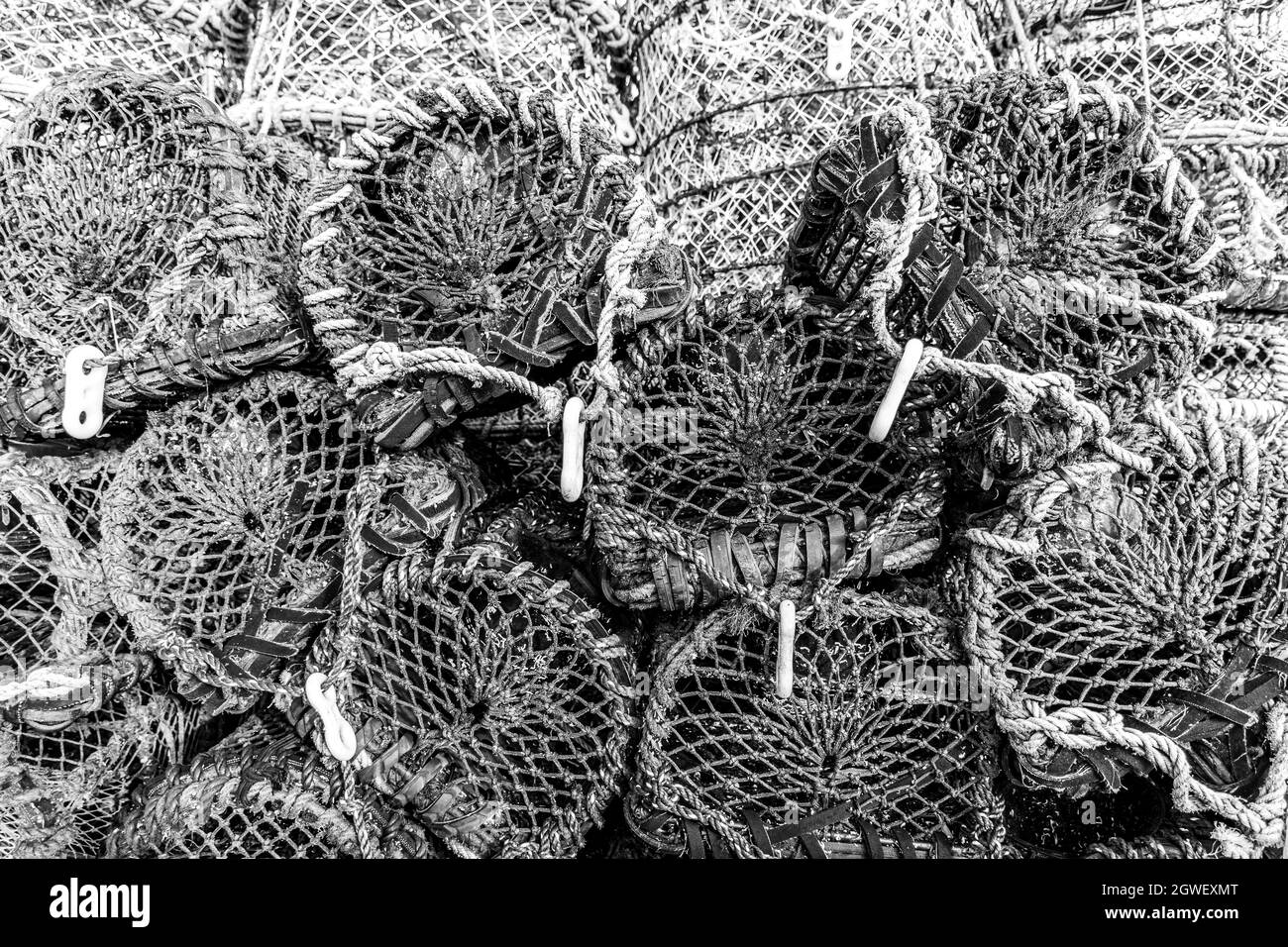 Lobster and Crab Pots and ropes close up low level view for nautical ...