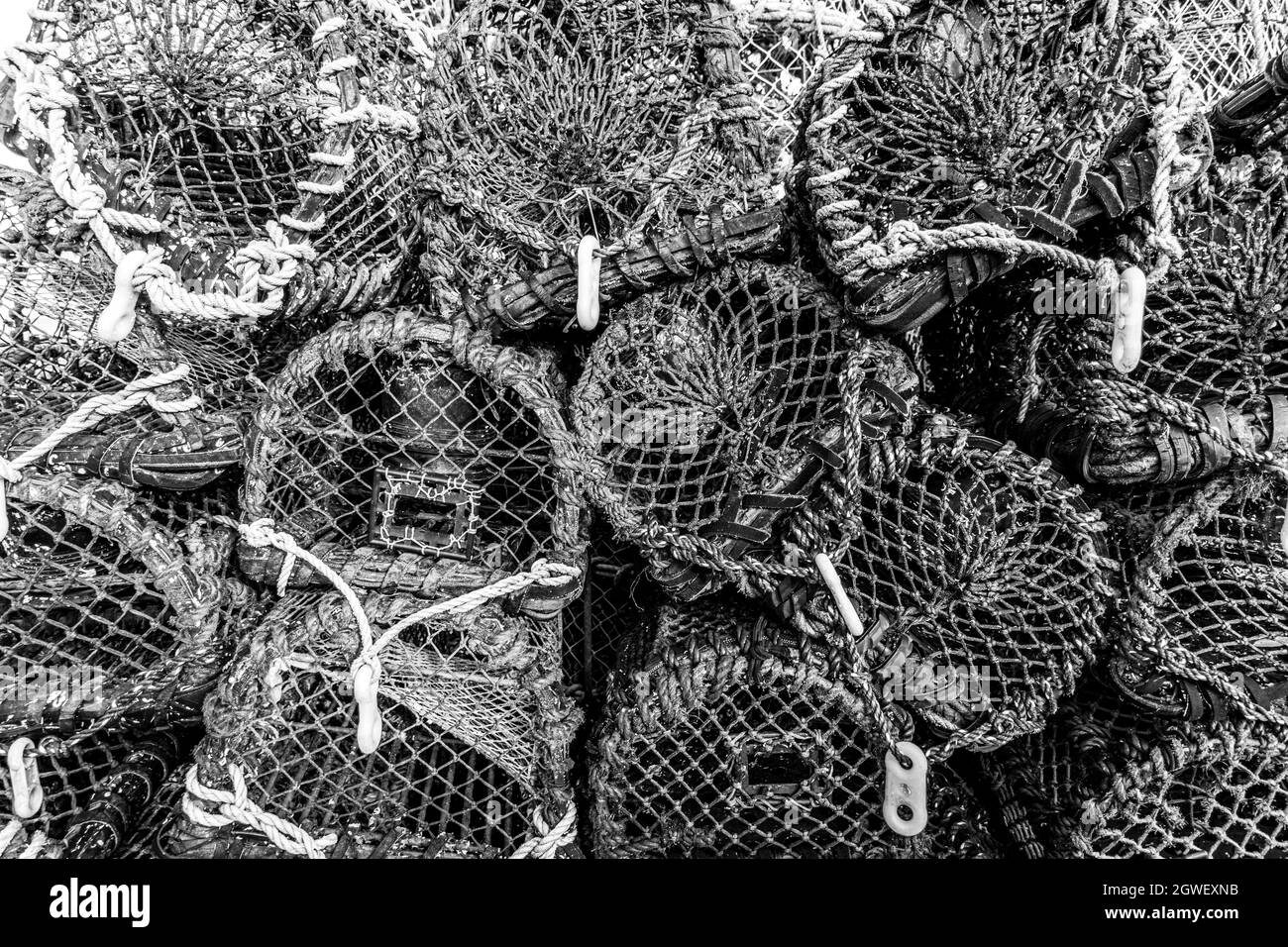 Lobster and Crab Pots and ropes close up low level view for nautical ...
