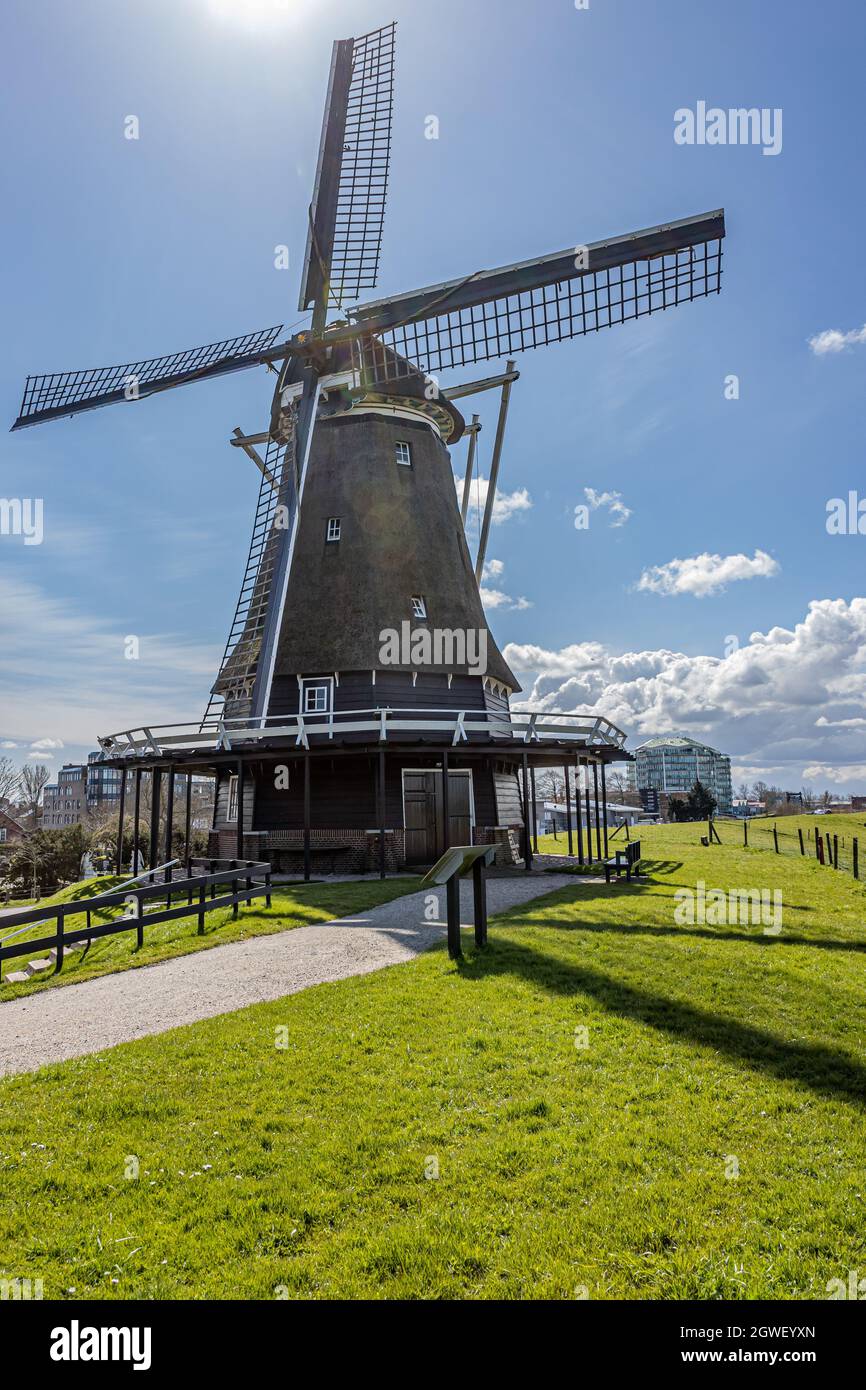 Octagonal tower mill with thatched roof used to grind grain, located on ...