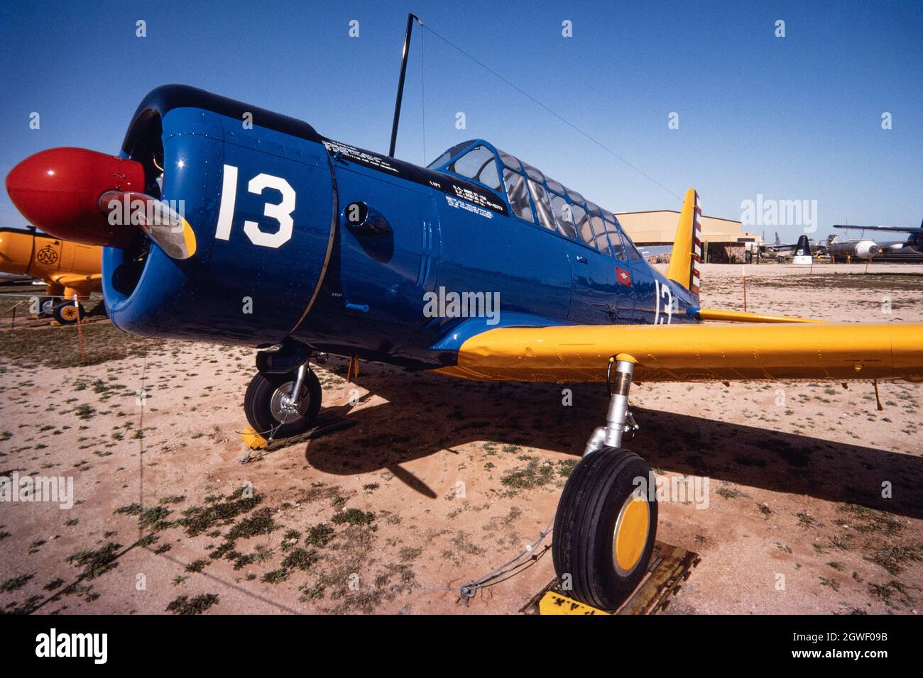 A restored Vultee BT-13A Valiant WW II pilot trainer on display at an ...