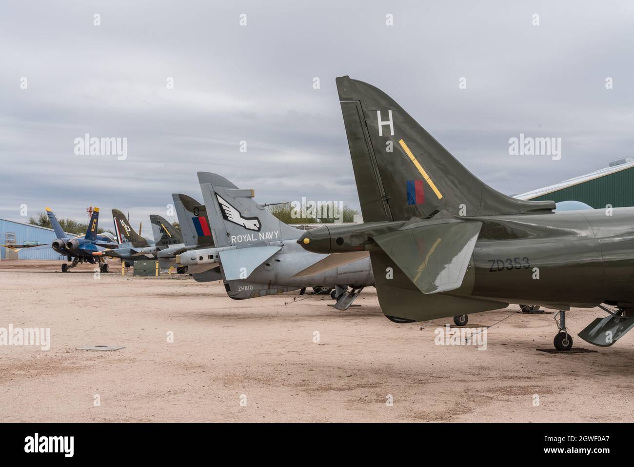 A line of Harrier attack aircraft tails in the Pima Air & Space Museum ...