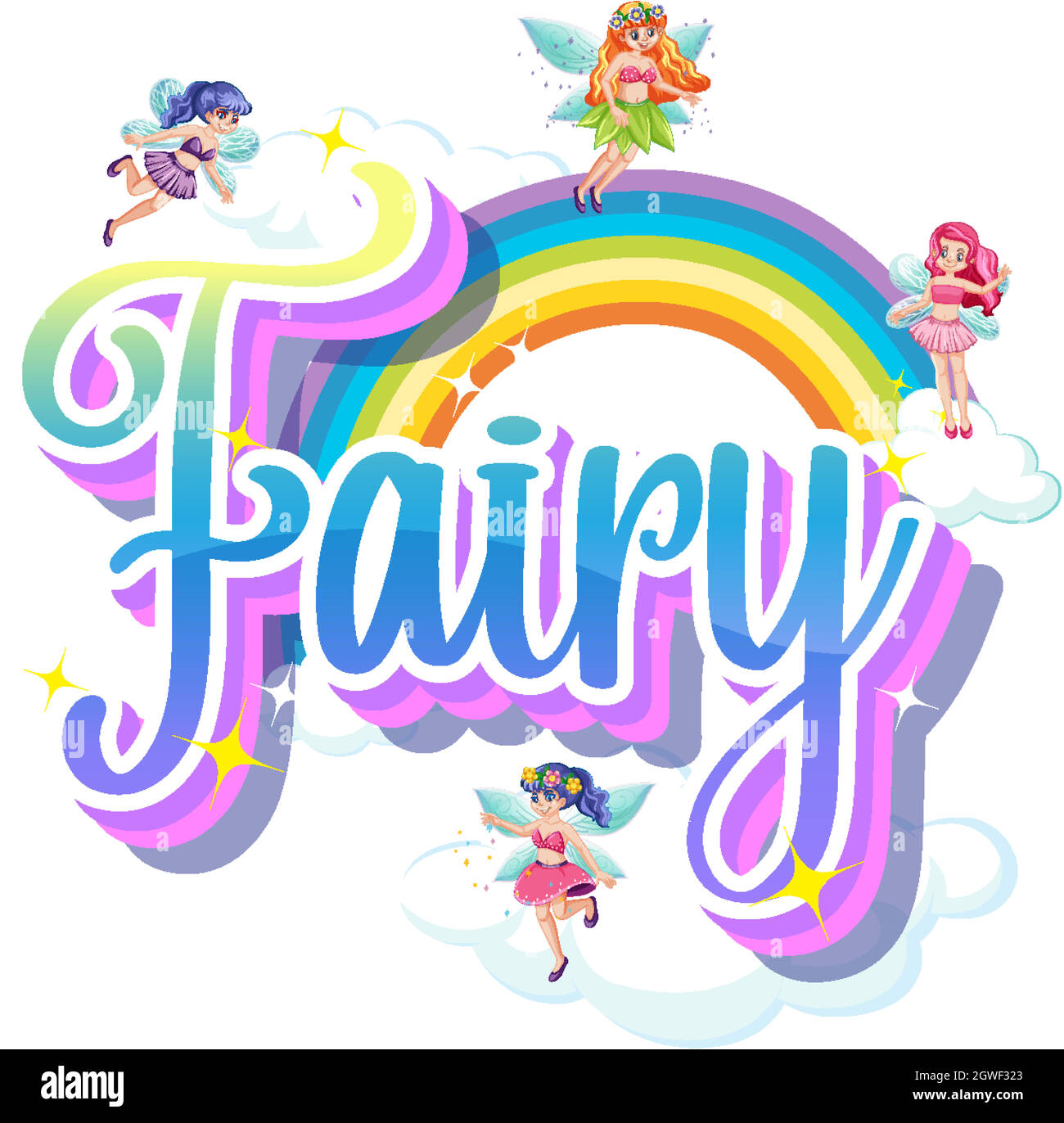 Fairy logo with little fairies and rainbow on white background Stock ...