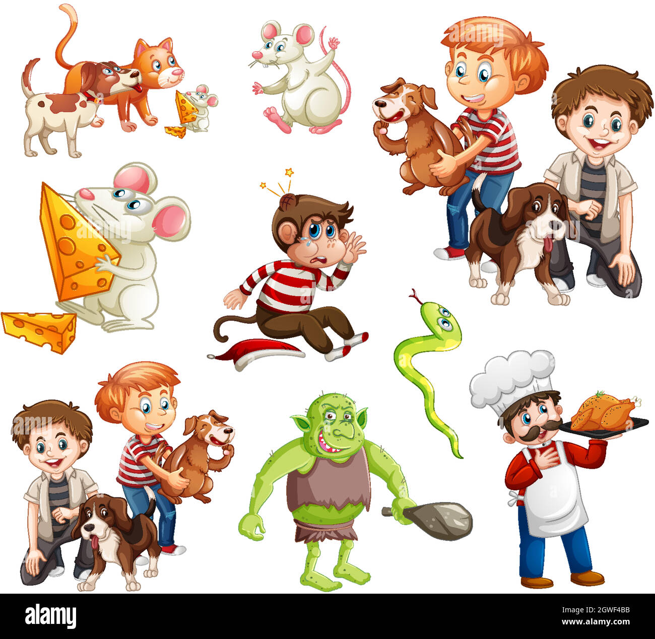 Set of fantasy cartoon character and animal isolated on white ...