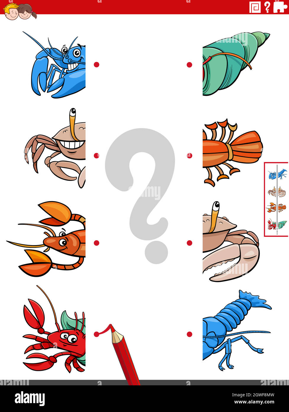 match halves of pictures with cartoon animals educational task Stock ...