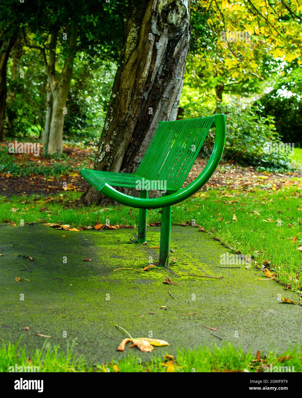 green park bench, resting place, model of park bench, metal bench Stock ...