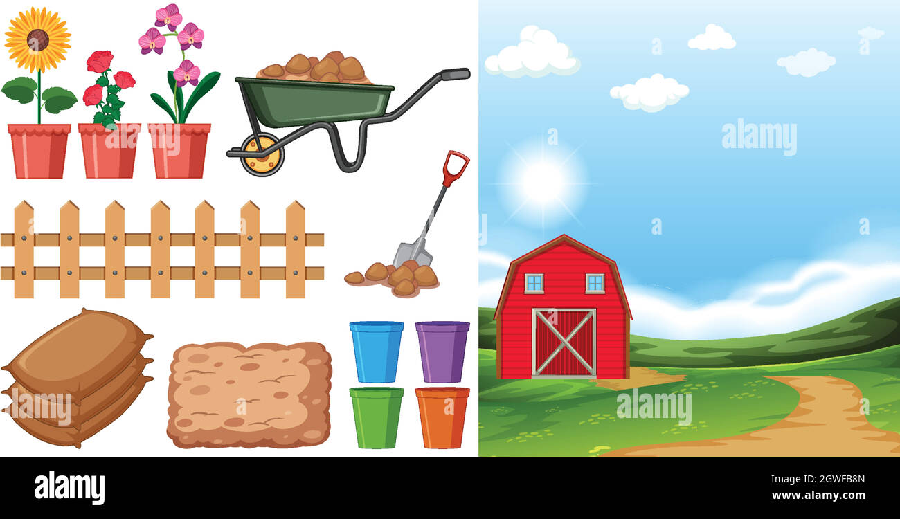 Farm scene with farmland and other farming items on the farm Stock ...
