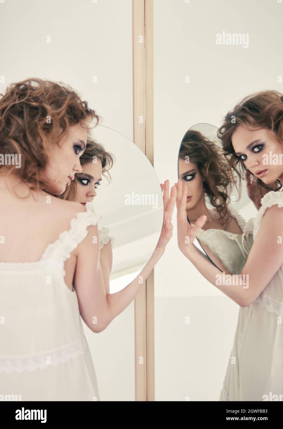 Portrait of lovely strange freaky girl. Beautiful curious woman in ...