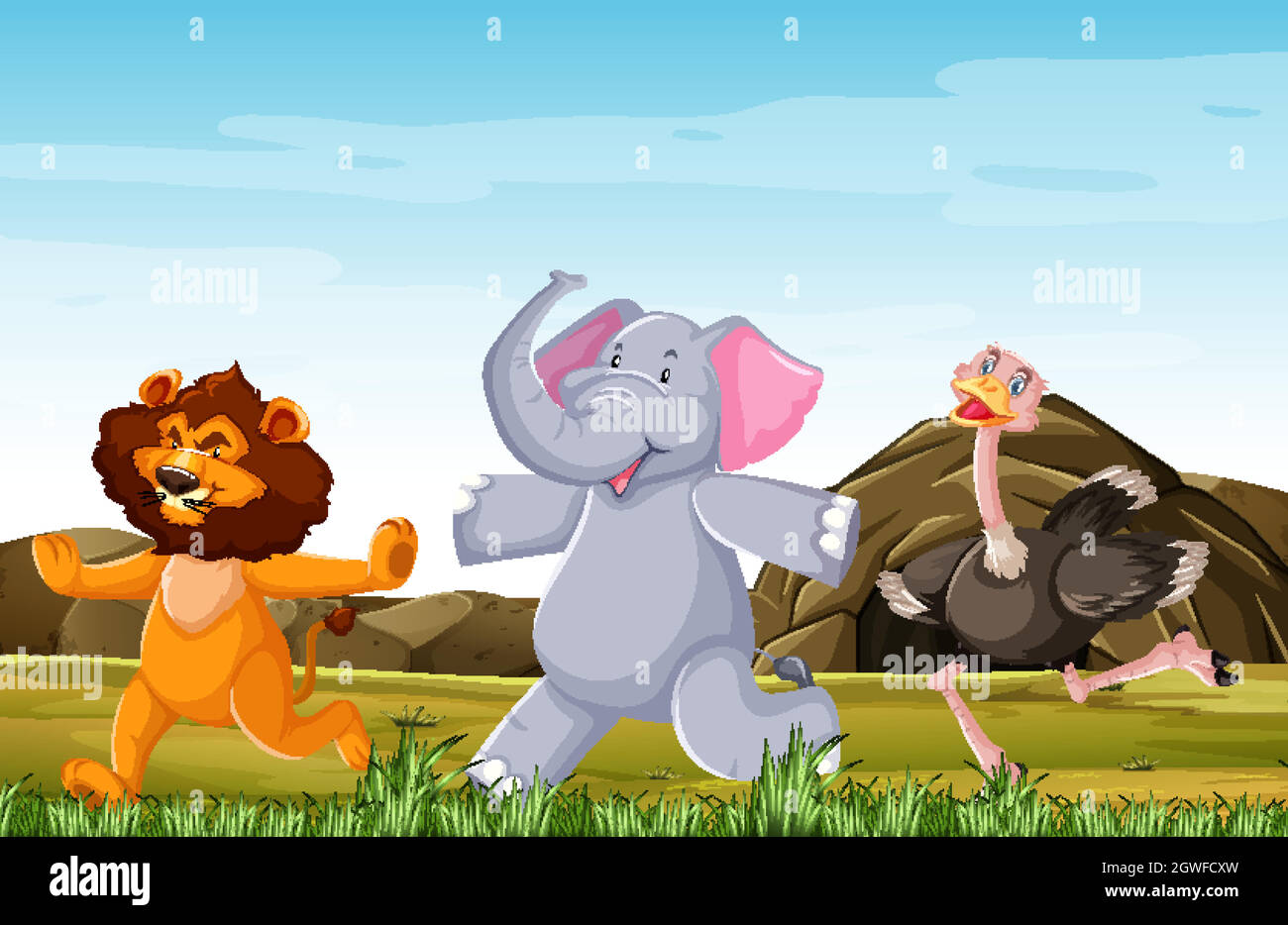 Wild animals group are posing standing smile cartoon style isolated on ...