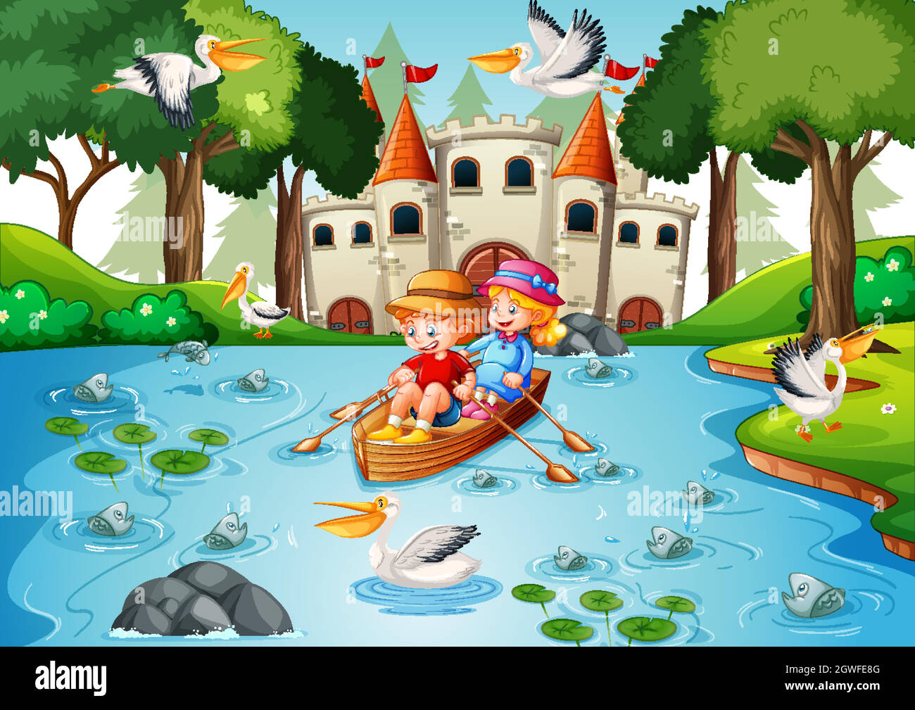 Two children row the boat in the river park scene Stock Vector Image ...