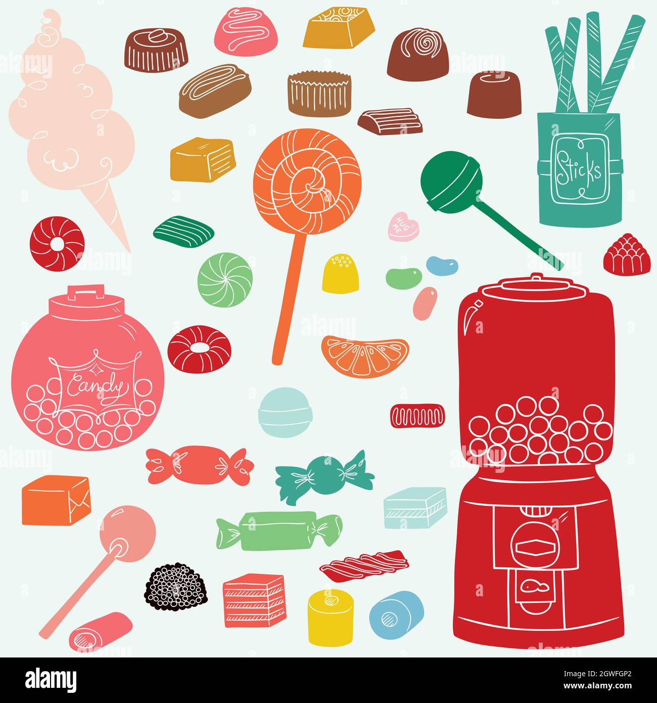 Hand Drawn Candies. Lollipop, chocolate, vintage bubble gum dispenser ...