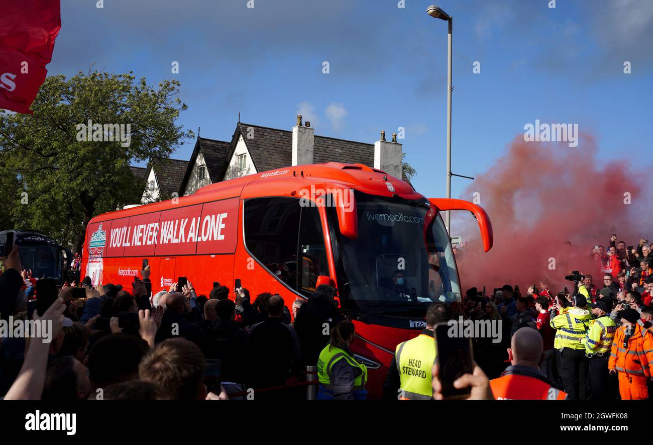 Liverpool team bus arriving before the Premier League match at Anfield ...