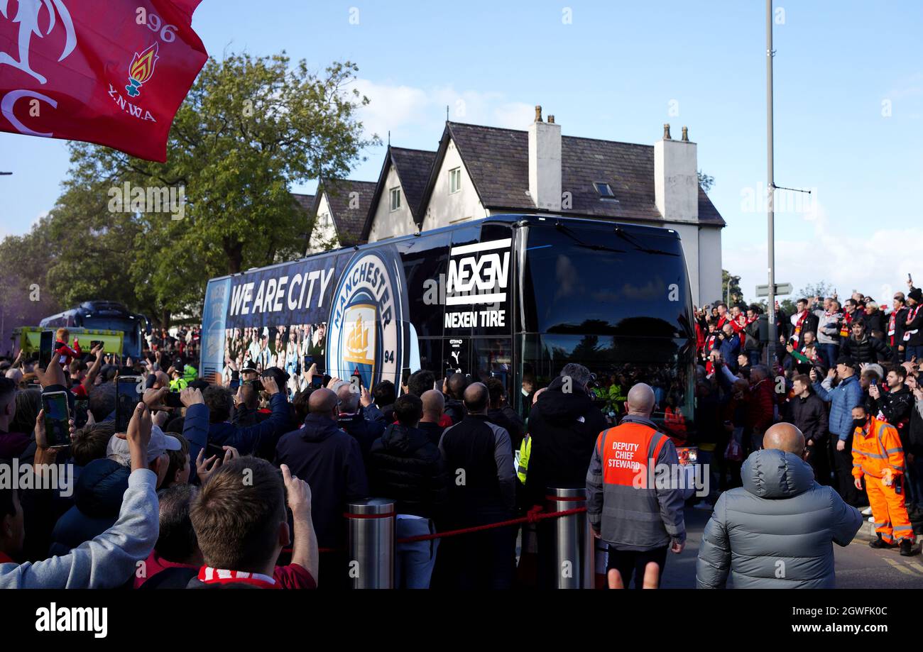 Manchester City team bus arriving before the Premier League match at ...