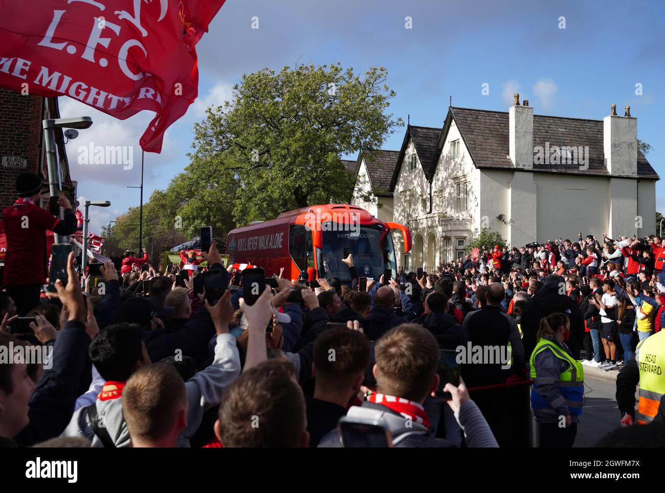 Liverpool team bus arriving before the Premier League match at Anfield ...