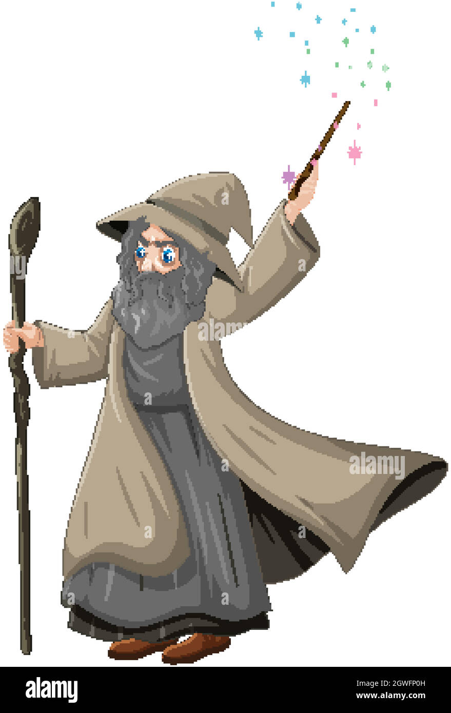 Old wizard with magic wand cartoon style isolated on white background ...