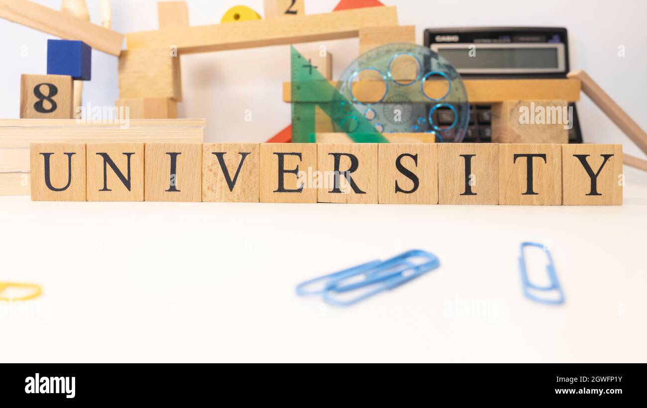 The word university was created from wooden cubes. Education and career ...