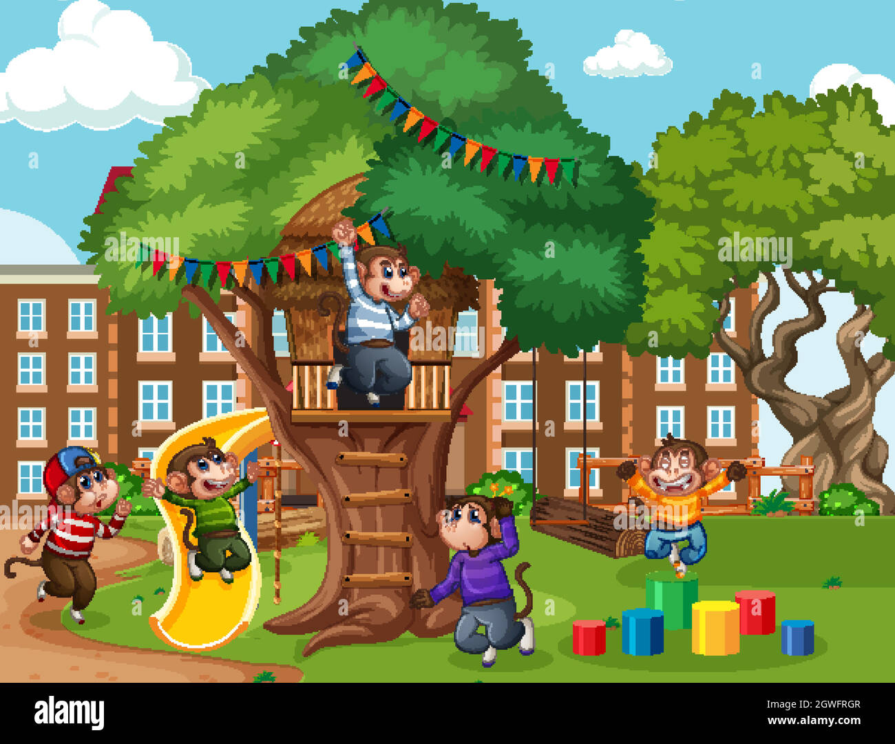 Five little monkeys jumping in the park playground scene Stock Vector ...