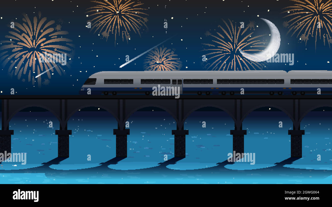 Train cross the river with celebration fireworks scene Stock Vector ...