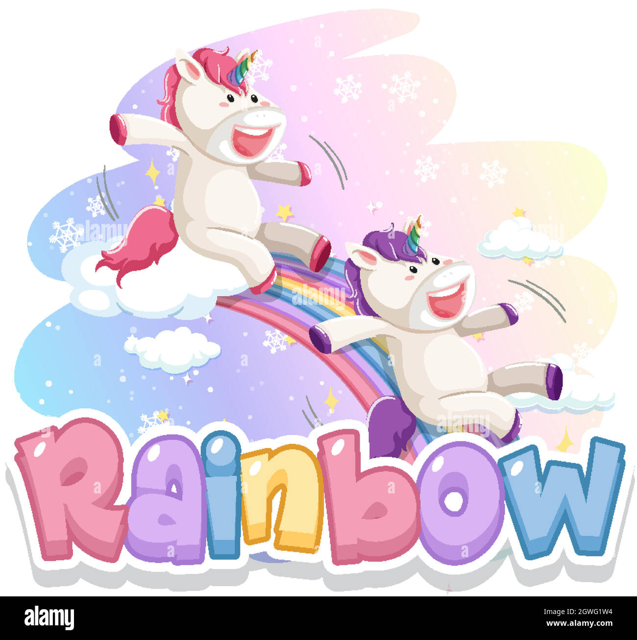 Font design for word rainbow with two unicorns on the rainbow Stock ...