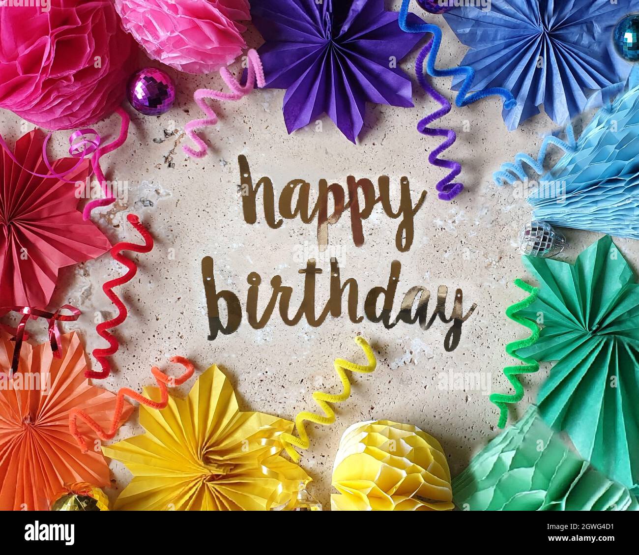 Happy Birthday,word With Colourful Party Decorations Stock Photo - Alamy