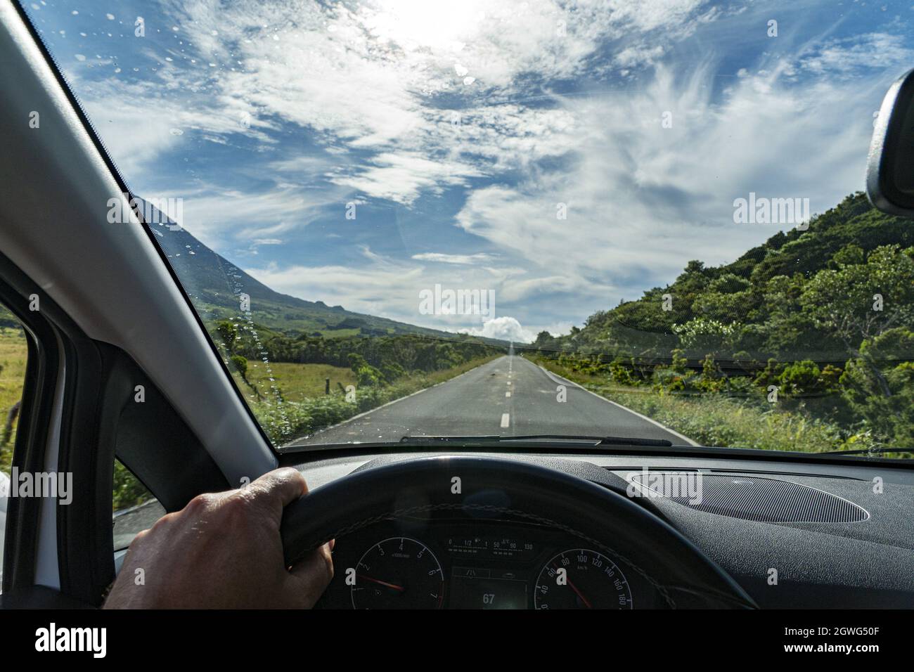 driving pico island straight road Stock Photo - Alamy