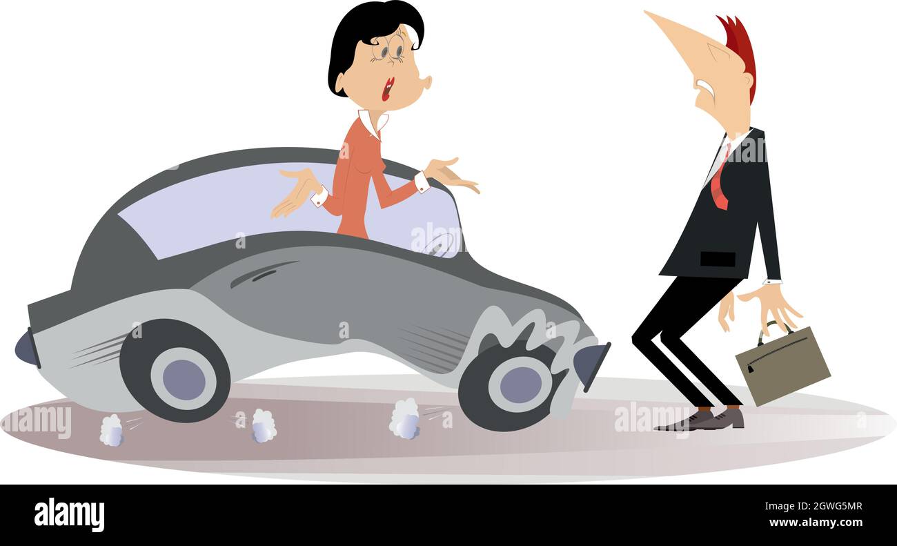 Road accident, driver woman, pedestrian illustration. Angry young woman ...