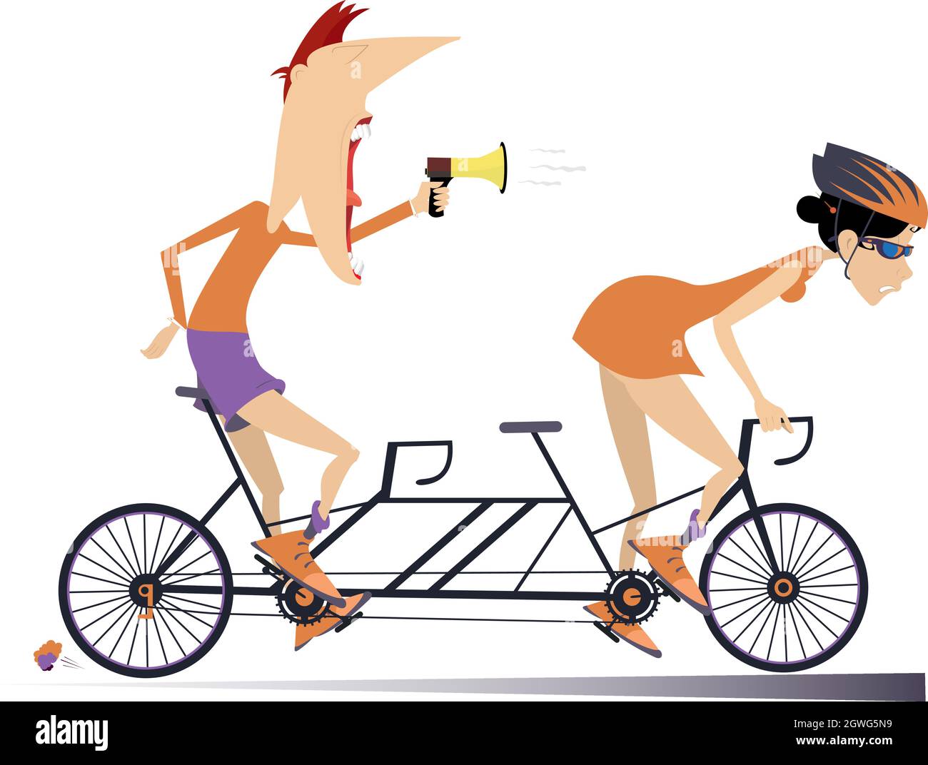 Cyclist and coach rides a tandem bike illustration. Strict trainer with ...