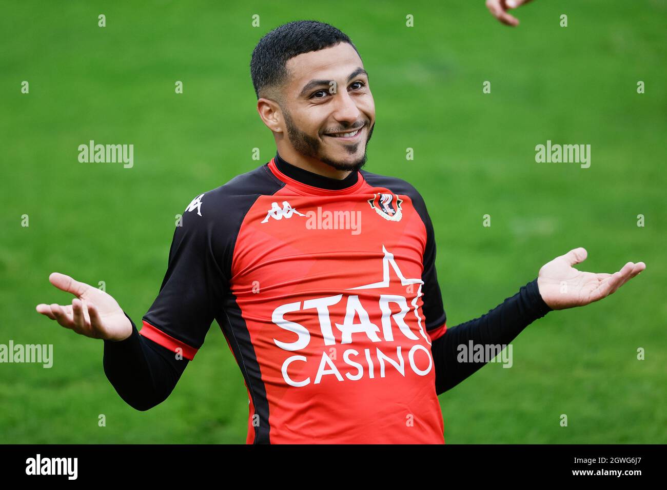 Seraing's Youssef Maziz celebrates after scoring during a soccer match ...