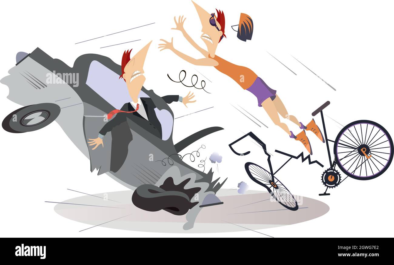 Road accident, driver, cyclist and broken bike illustration. Shocked ...
