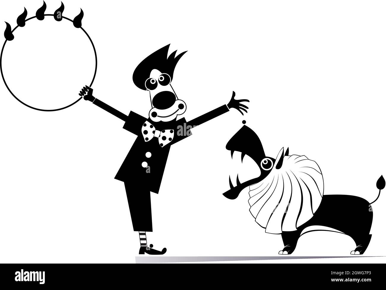 Circus, clown a tamer and lion illustration Cartoon clown tries to ...