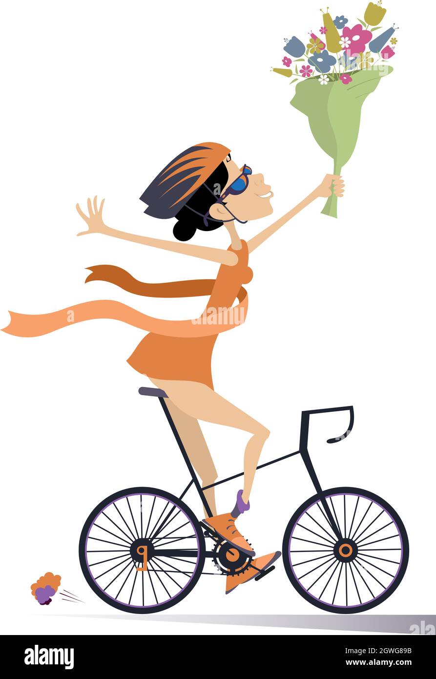 Cartoon woman rides a bike and wins the race. Smiling young woman in ...