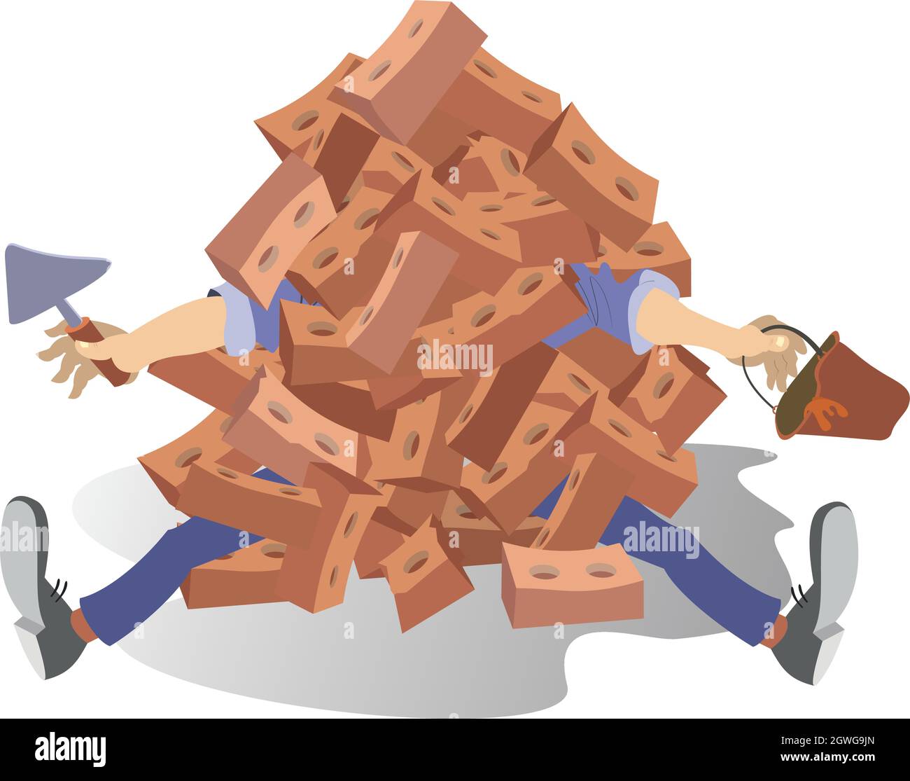Worker is under a big pile of bricks illustration. Hands with trowel ...
