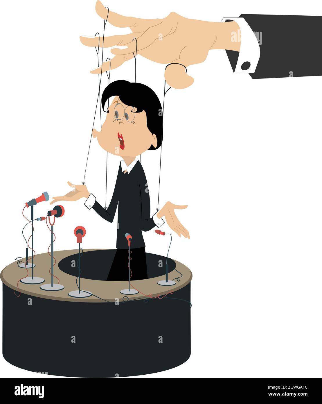 A young woman speaker making a report and controlled like puppet ...