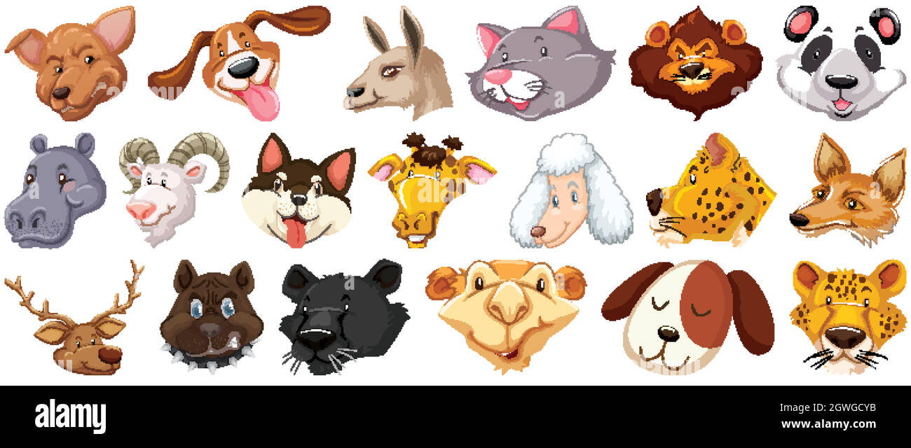 Set of different cartoon animal heads isolated Stock Vector Image & Art ...