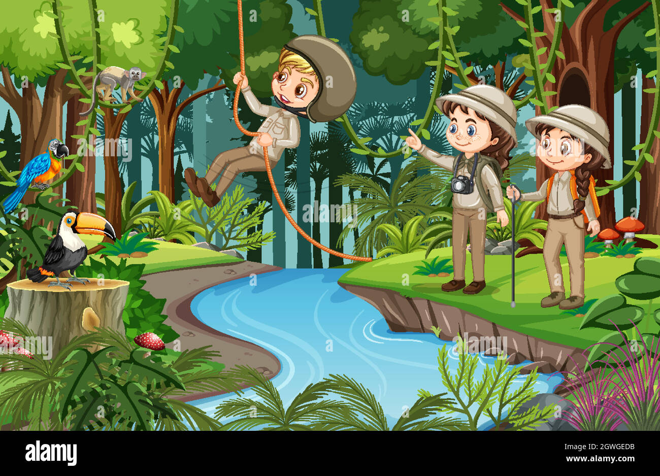 Forest scene with many children doing different activities Stock Vector ...