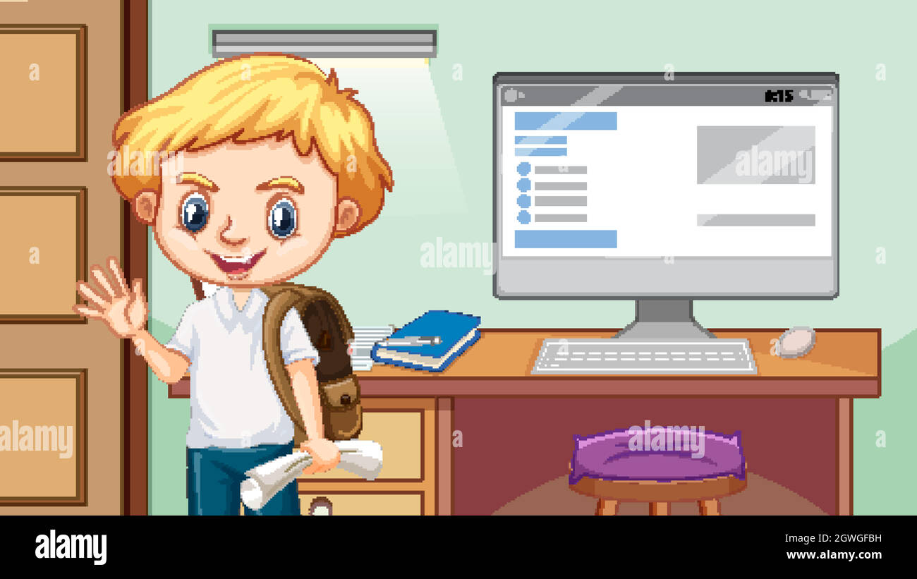 Boy next to computer table Stock Vector Image & Art - Alamy