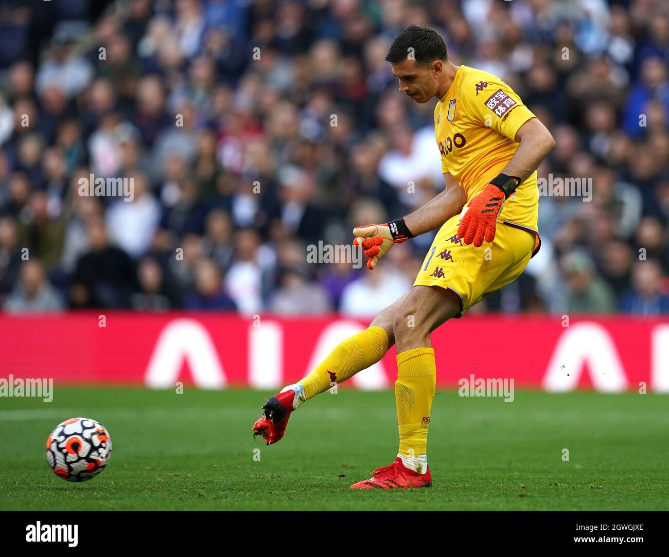 Aston Villa goalkeeper Emiliano Martinez in action during the Premier ...