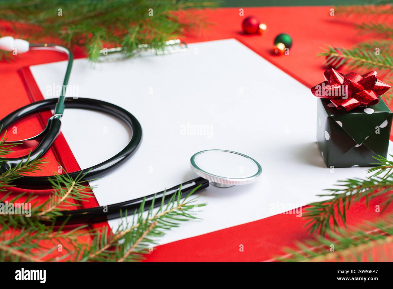 Medical Christmas concept with stethoscope, blank clipboard with white ...