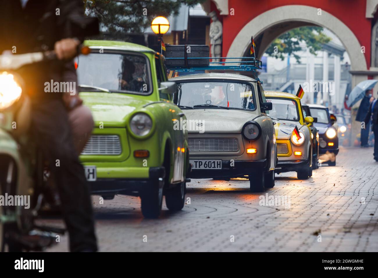 Rust, Germany. 03rd Oct, 2021. Trabant cars drive through Europa-Park ...
