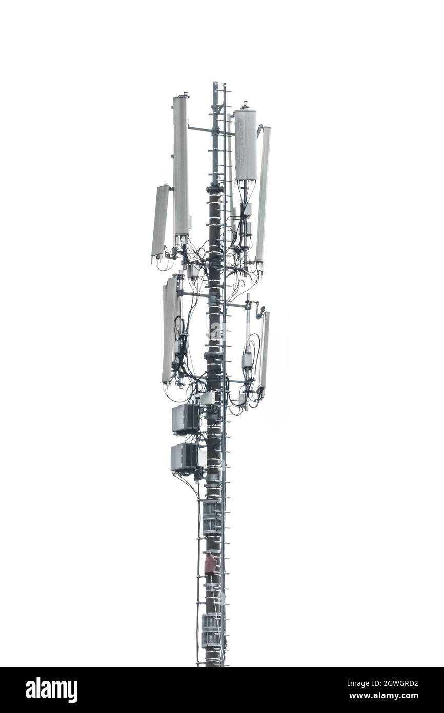 Mobile phone transmission mast with various 5g antennas isolated in ...