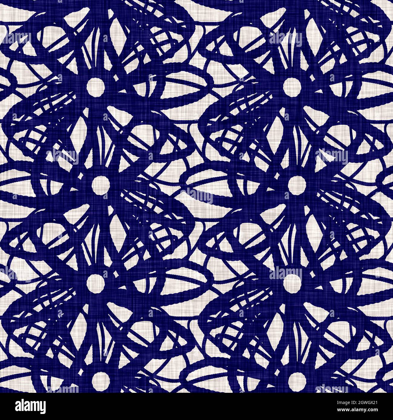 Indigo blue flower block print dyed linen texture background. Seamless ...