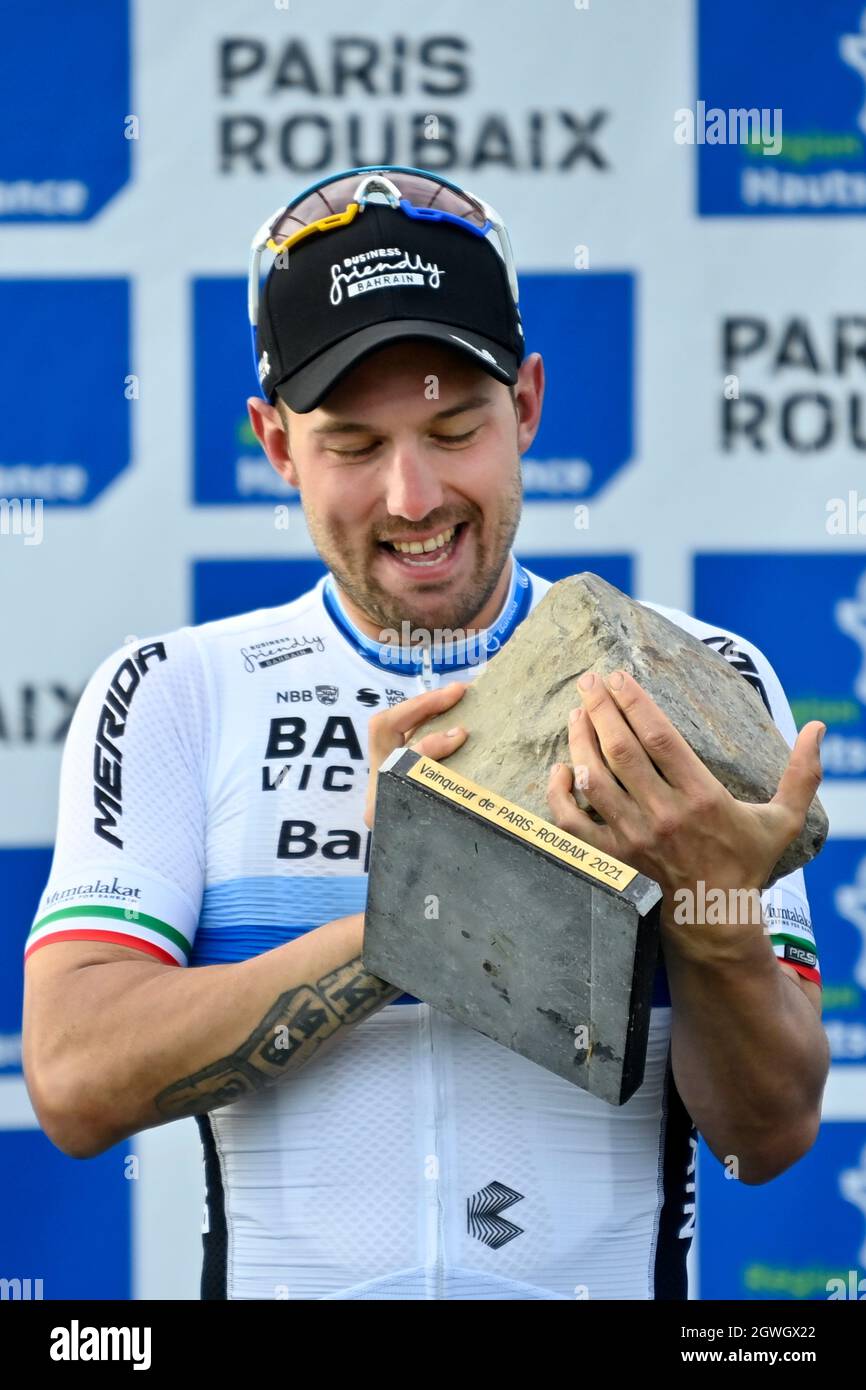 Italian Sonny Colbrelli of Bahrain Victorious celebrates on the podium ...