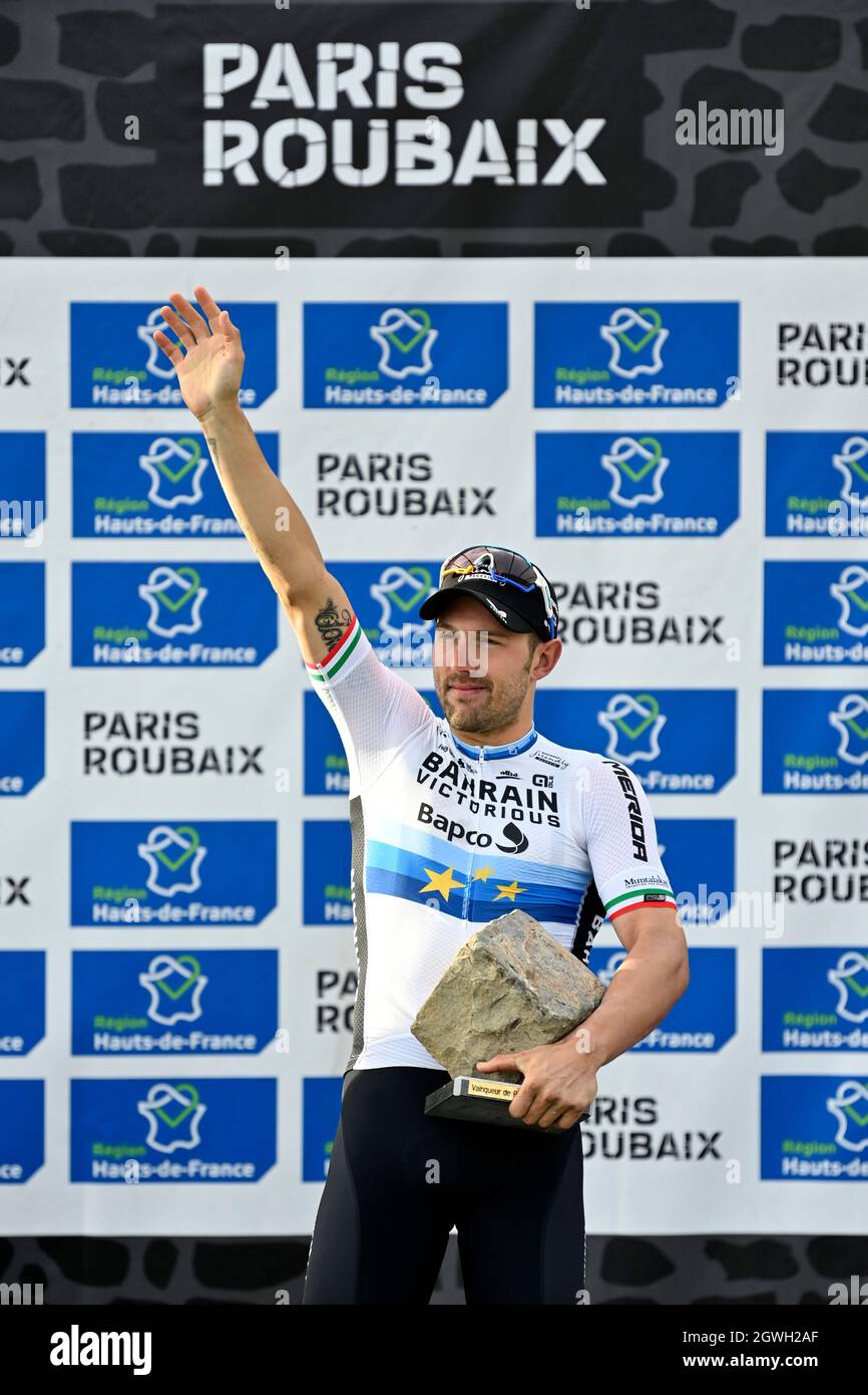 Italian Sonny Colbrelli of Bahrain Victorious celebrates on the podium ...