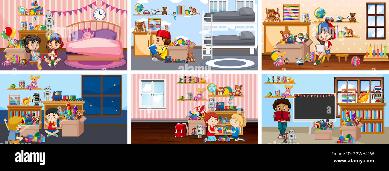 Six scenes with children doing activities in different rooms Stock ...