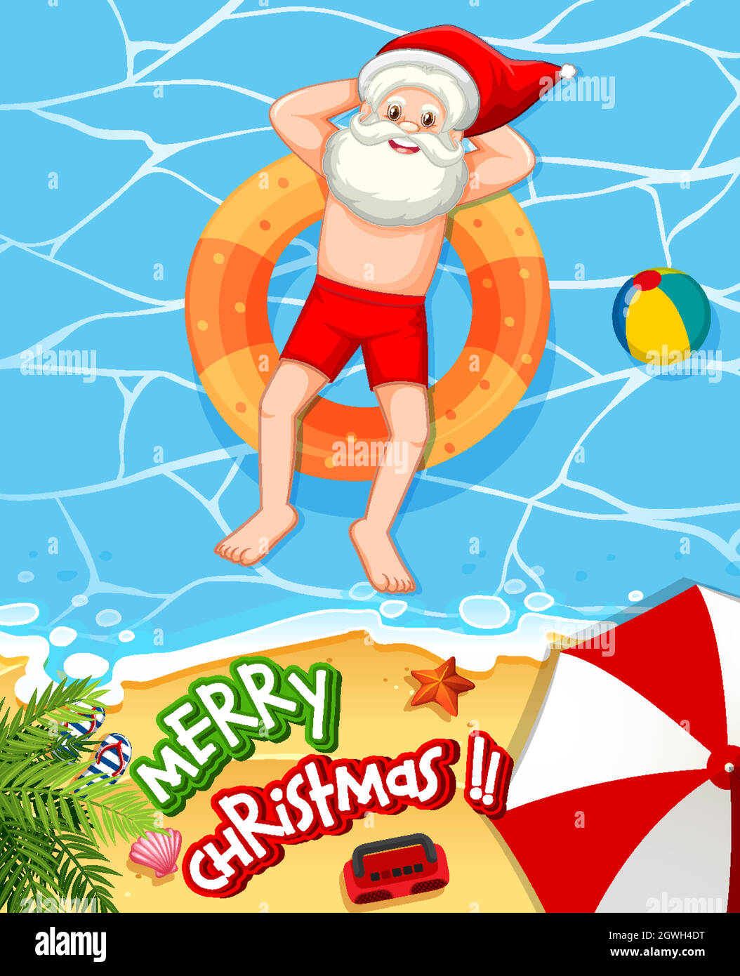 Santa Claus taking sun bath at the beach with summer element and merry ...