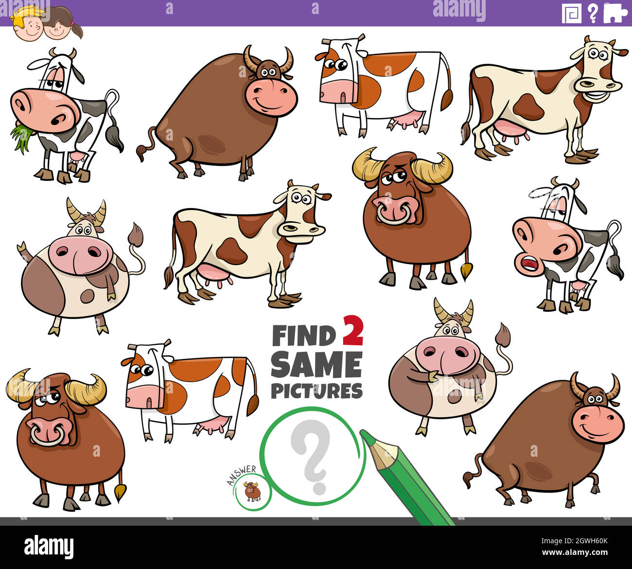find two same cartoon cattle farm animals educational game Stock Vector ...