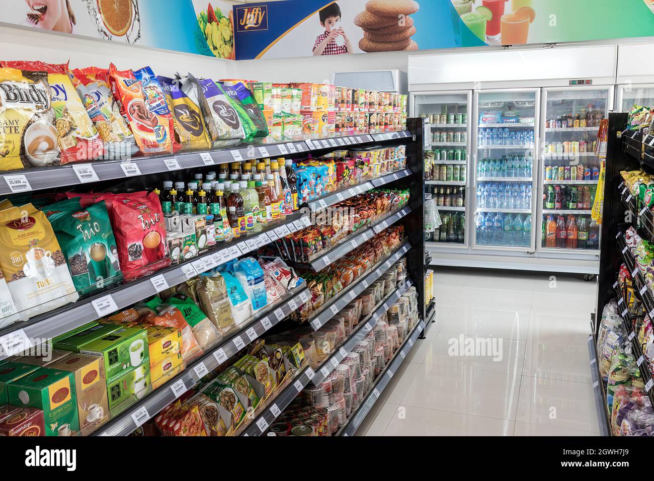 Supermarket shelves with tea and snacks, Seno, Laos Stock Photo - Alamy