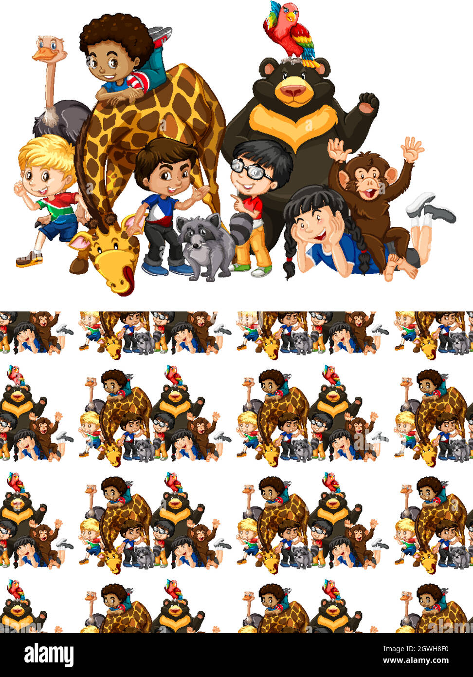 Seamless background design with children and wild animals Stock Vector ...