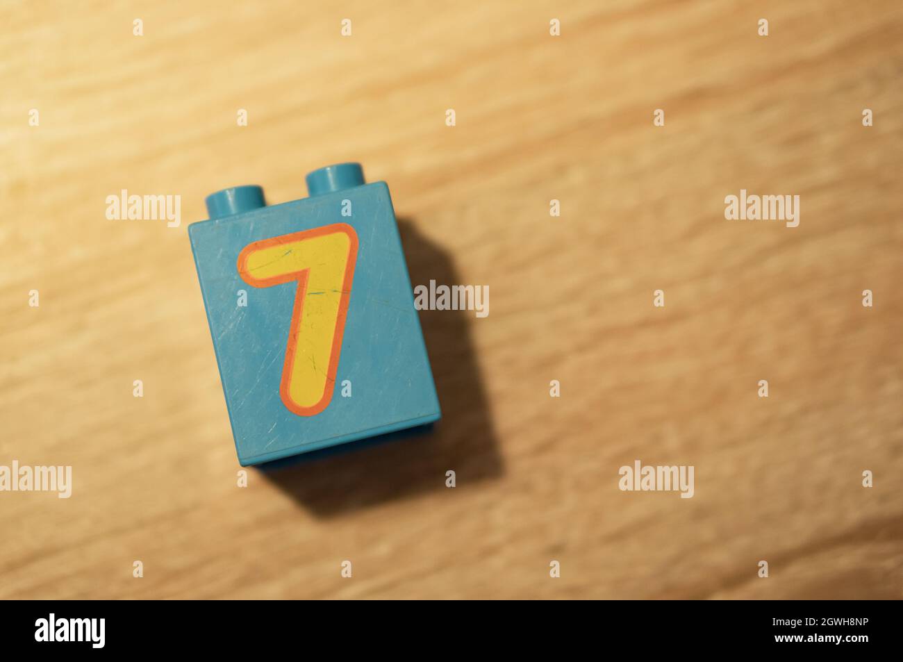 POZNAN, POLAND - May 12, 2020: A blue Lego Duplo block with the number ...