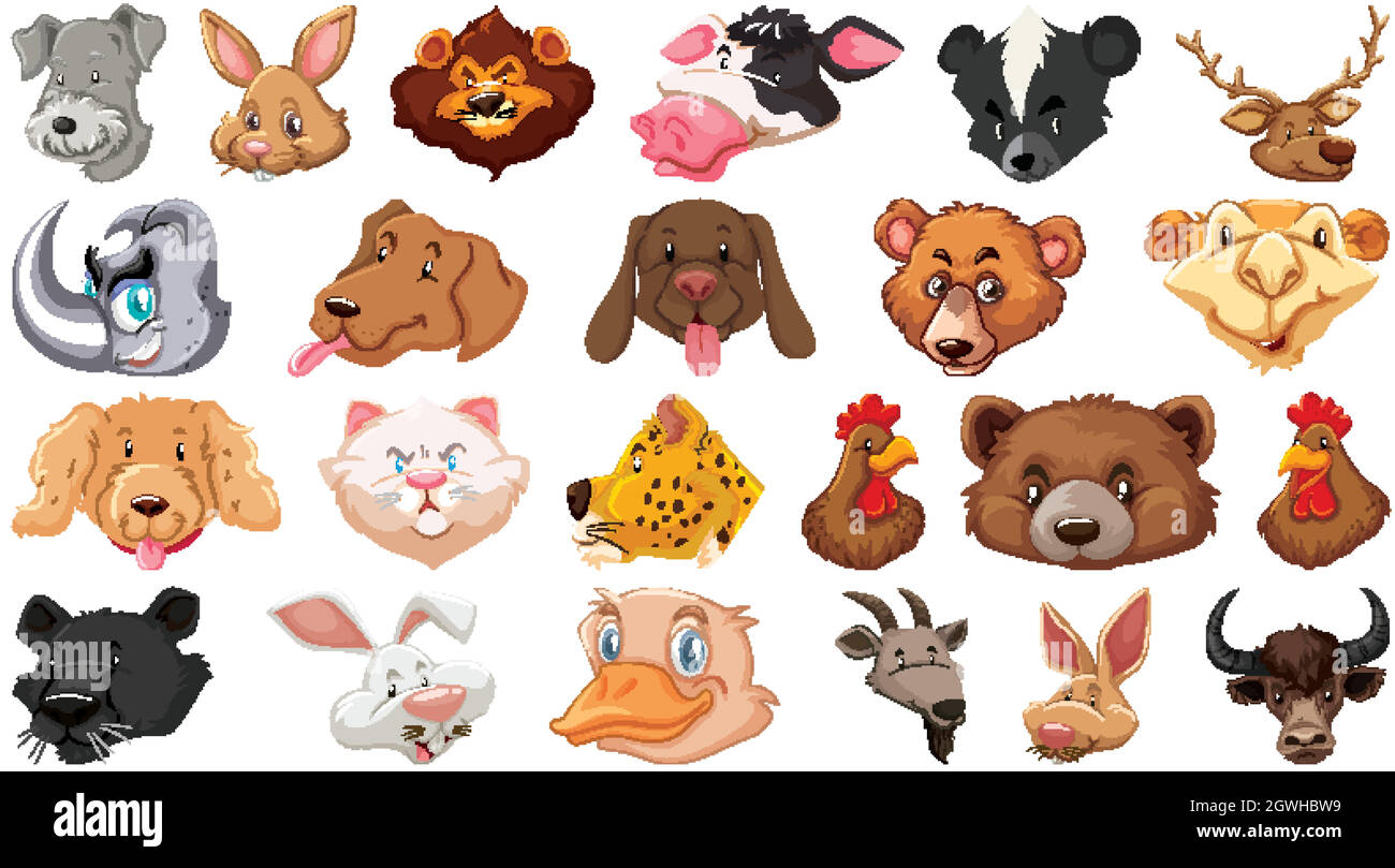 Set of different cute cartoon animals head huge isolated on white ...