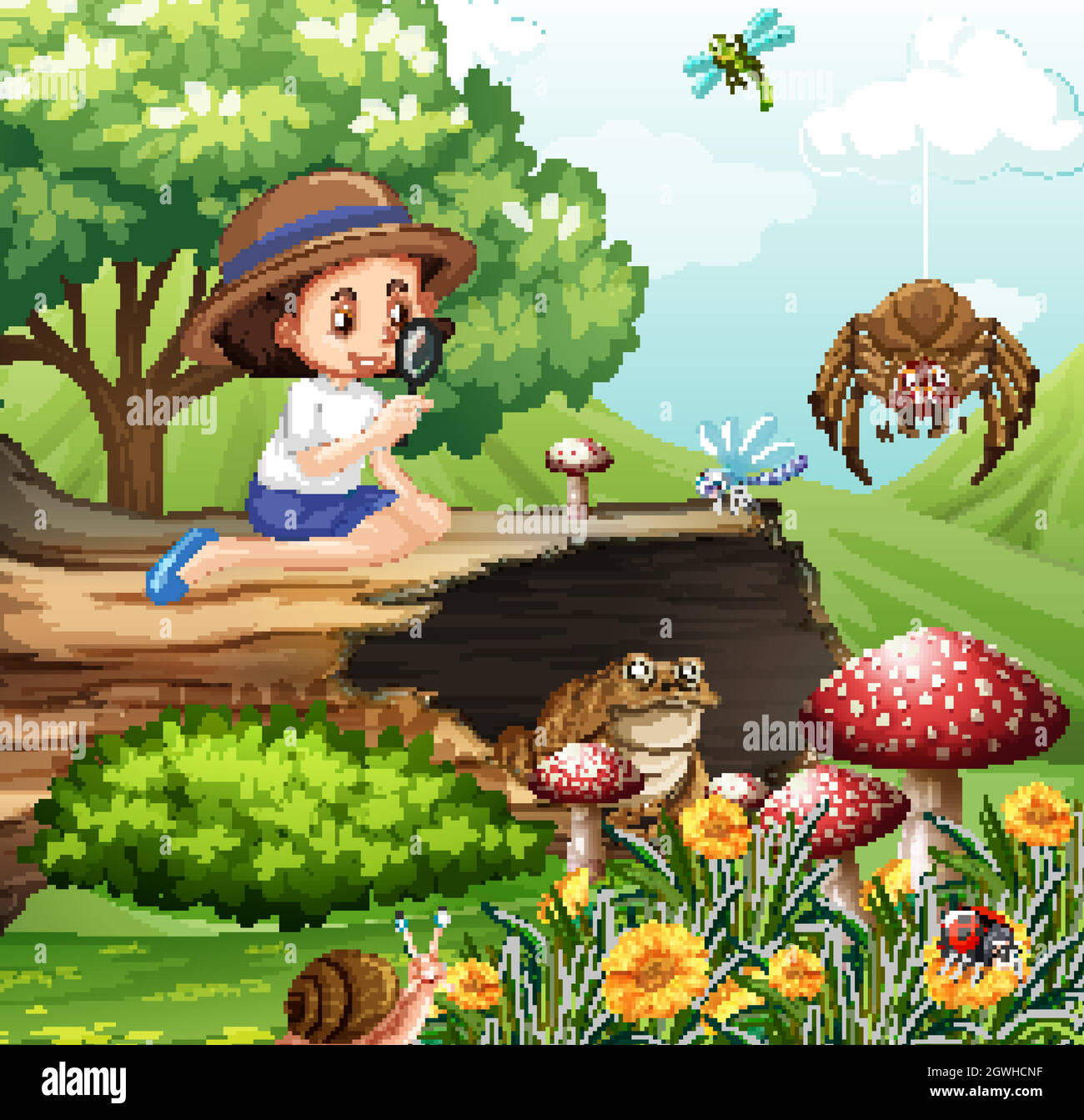 Scene with girl looking at insects in the garden Stock Vector Image ...